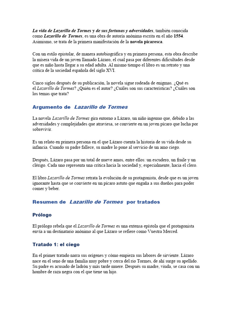 Resumen Lazarillo de Tormes | PDF