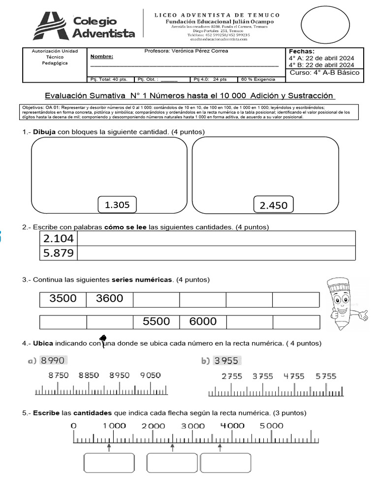 Prueba N° 1 4°Básico Capítulo 1 Numeración hasta el 1000 al 2 Adiciones ...