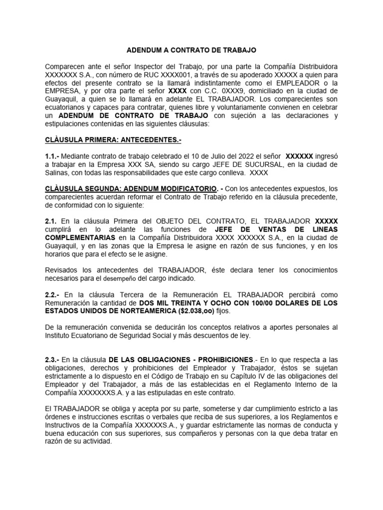 Adendum A Contrato de Trabajo - Modelo | PDF | Derecho laboral | Justicia