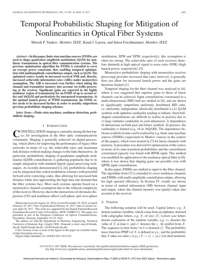 Temporal Probabilistic Shaping For Mitigation of Nonlinearities in Optical Fiber Systems | PDF ...