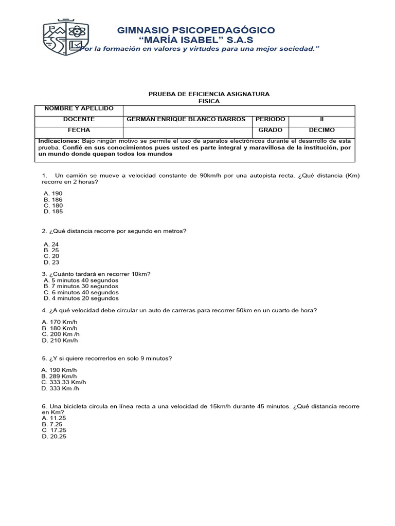 FORMATO PRUEBA DE EFICIENCIA (Decimo) | PDF