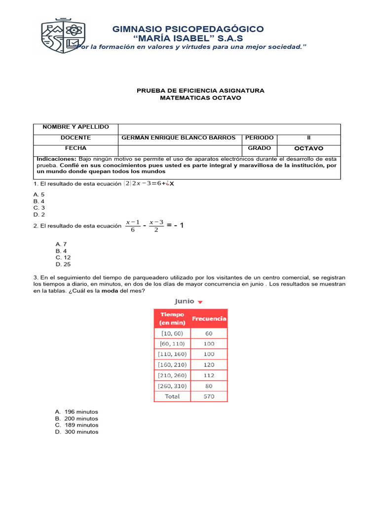 Formato Prueba de Eficiencia (Octavo) | PDF