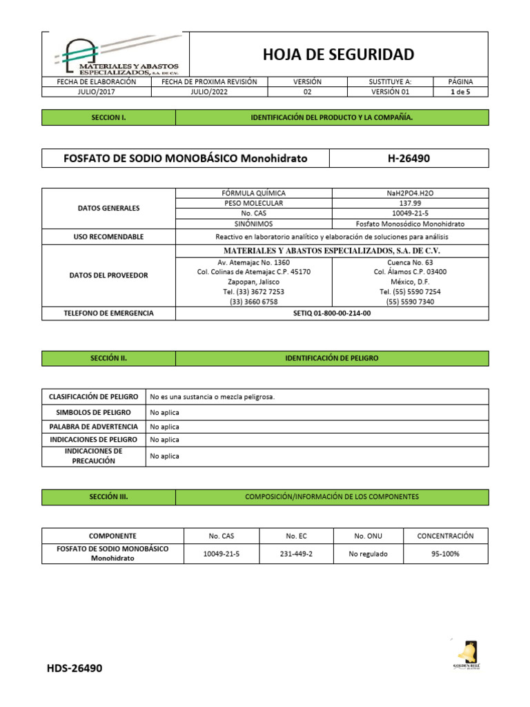 Fosfato de Sodio Monobasico | PDF | Agua | Administración de Seguridad ... Fosfato de Sodio Monobasico | PDF | Agua | Administración de Seguridad ...
