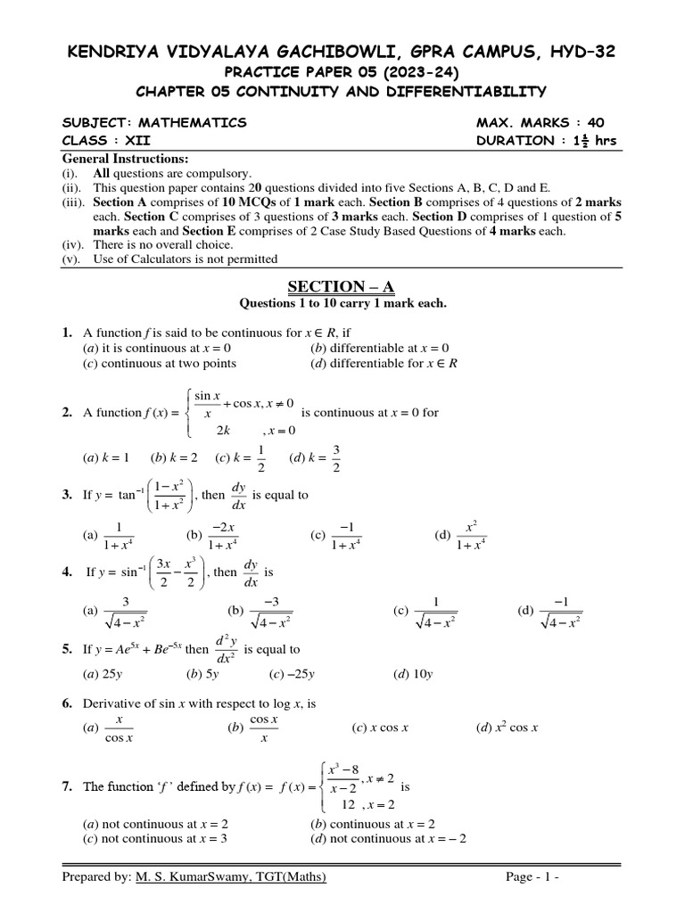 Maths Class Xii Chapter 05 Continuity and Differentiability Practice Paper 05 | PDF ...