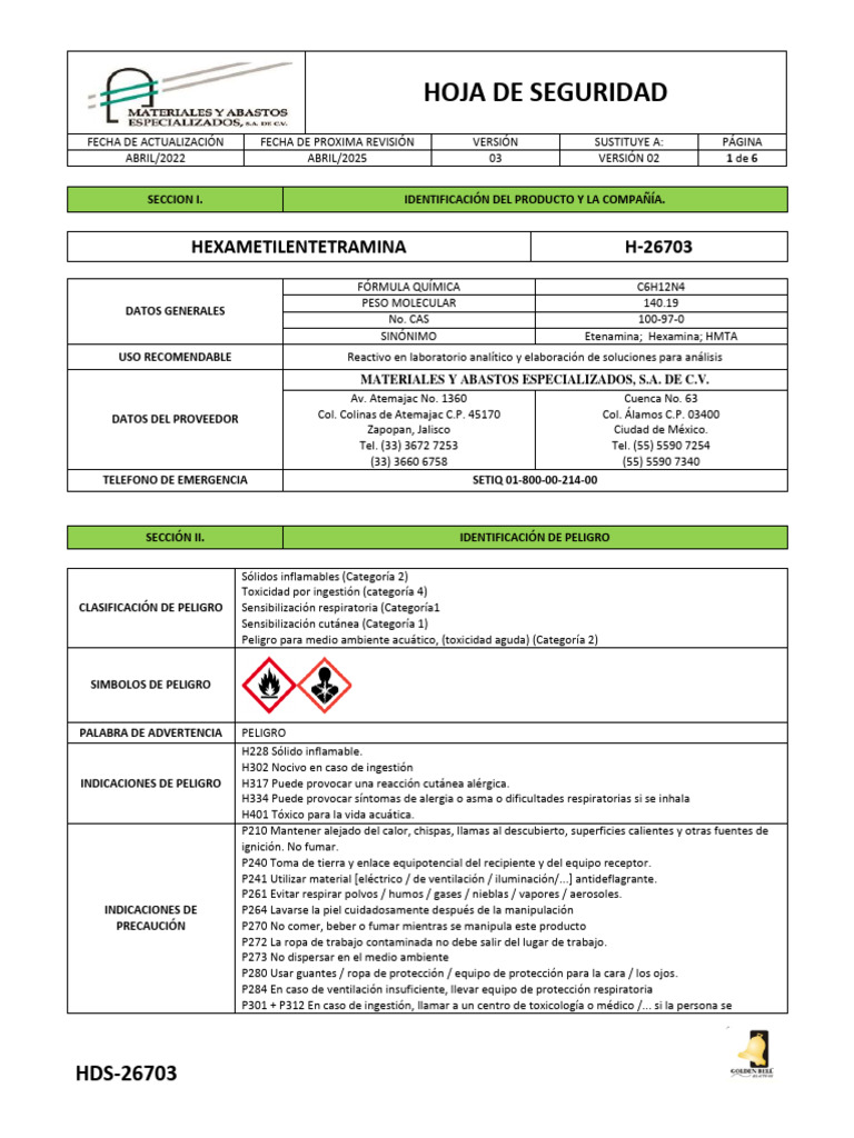 Hoja de Seguridad: Hexametilentetramina | PDF | Alergia | Agua
