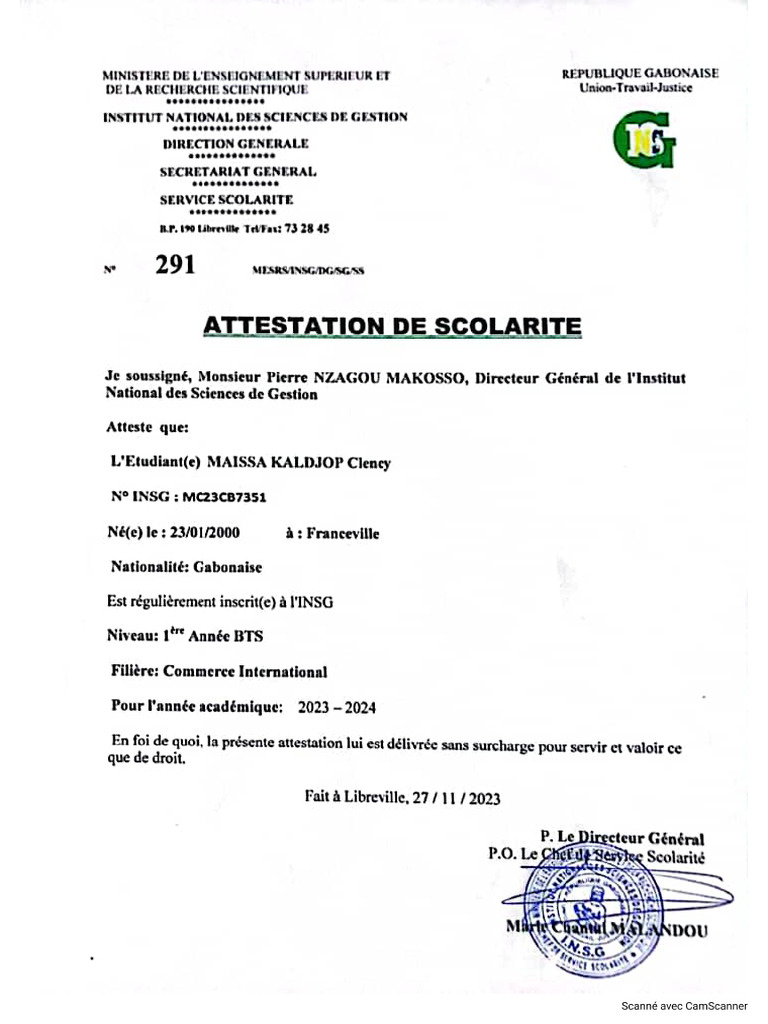 Attestation de Scolarité Clency | PDF