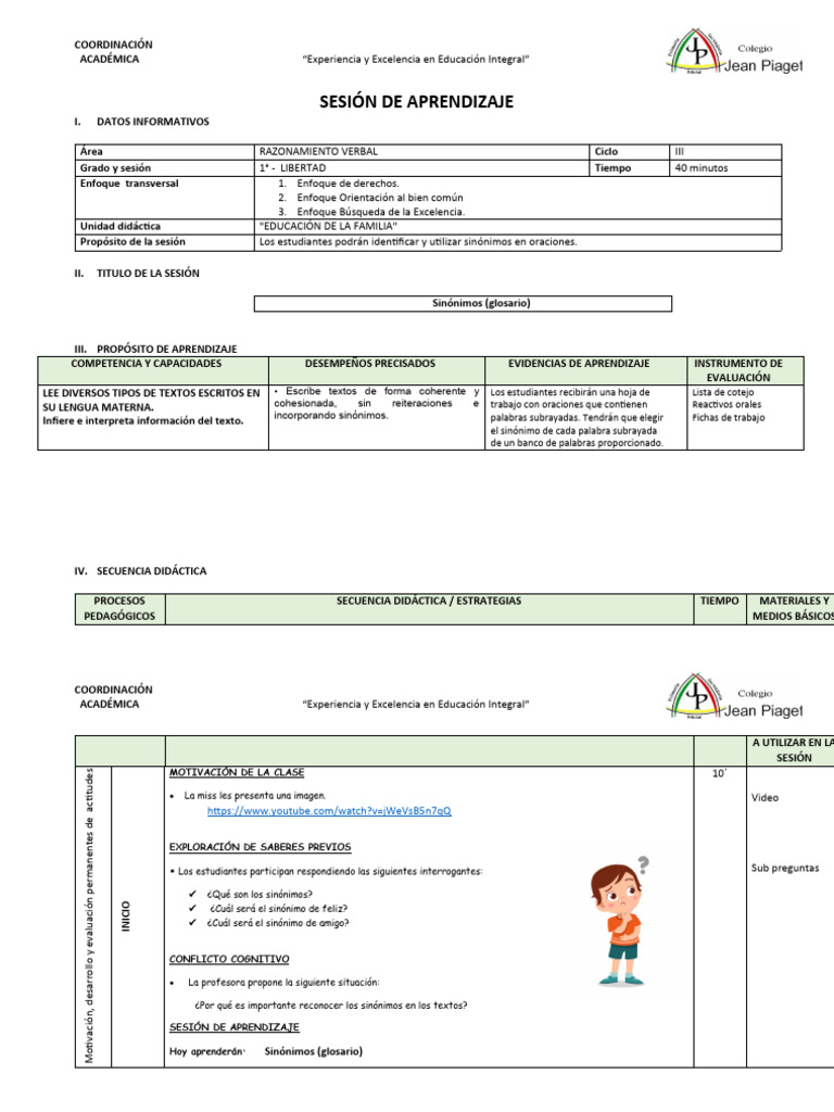 Sesión de Aprendizaje Razonamiento Verbal | PDF | Aprendizaje | Evaluación