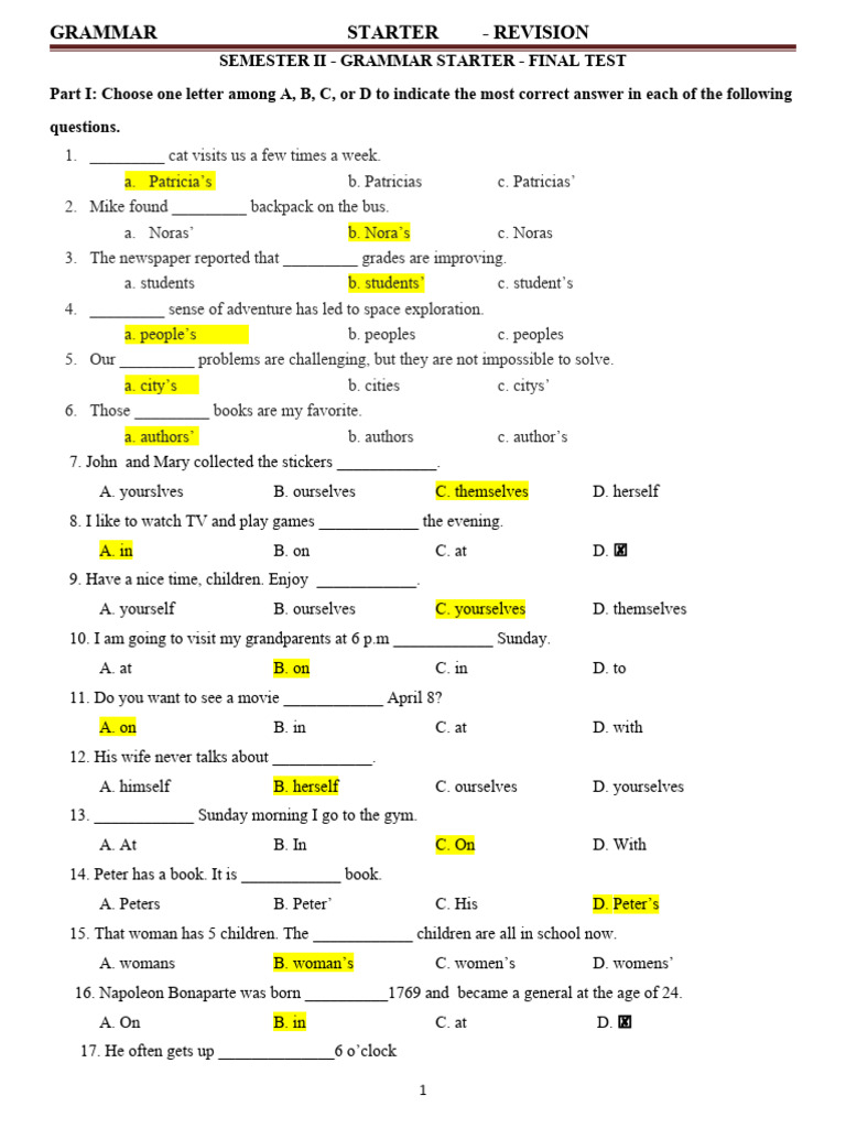 Grammar Starter Final Test Revision | PDF | Pronoun | Stars
