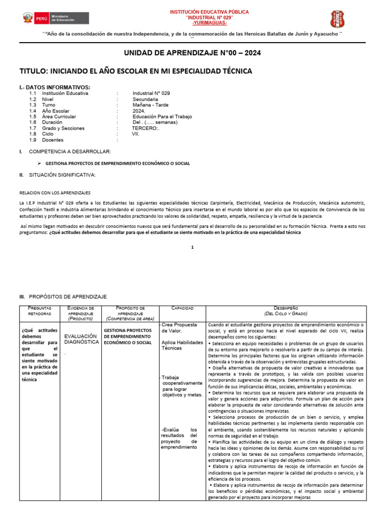 UA de EPT 00 - TERCER GRADO - 2024 - FORMATO | PDF | Evaluación | Aprendizaje