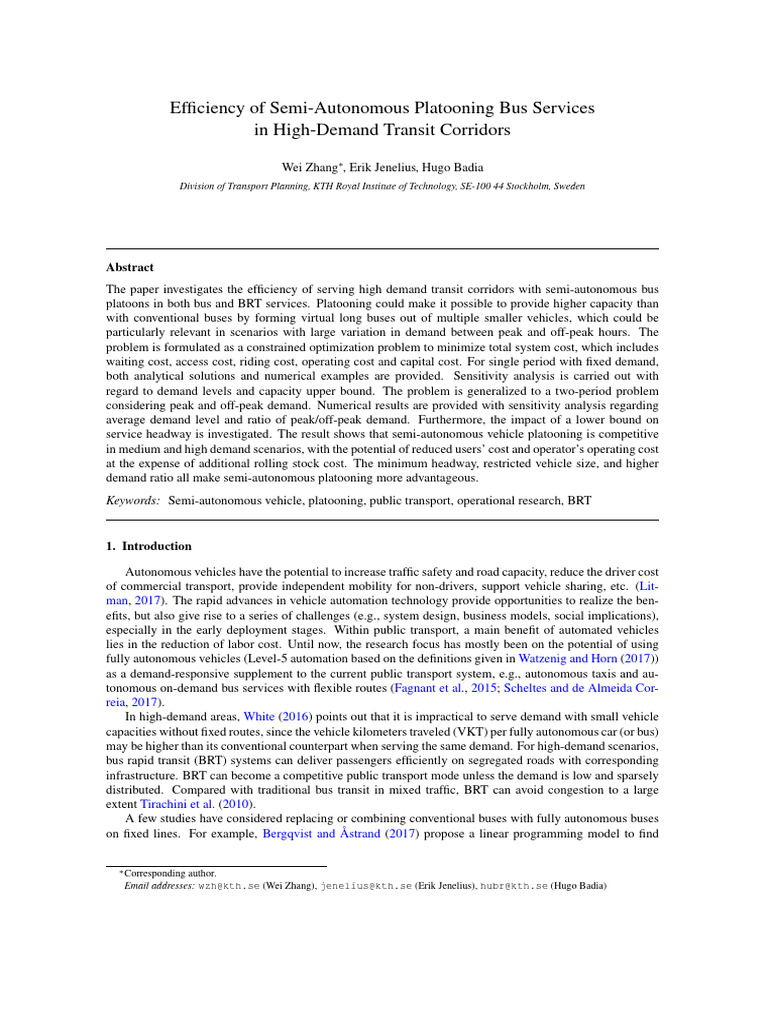 2019 Efficiency Of Semi Autonomous Platooning Bus Services Pdf Public Transport Bus