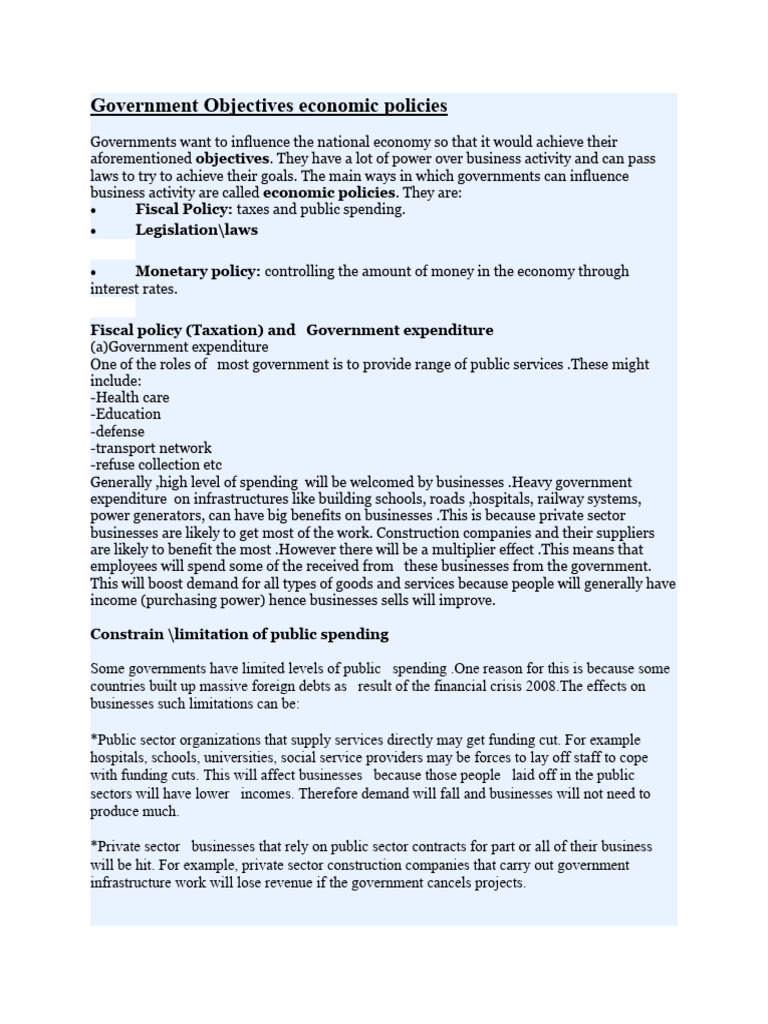 Government Objectives Notes - Final Notes | PDF | Taxes | Tariff