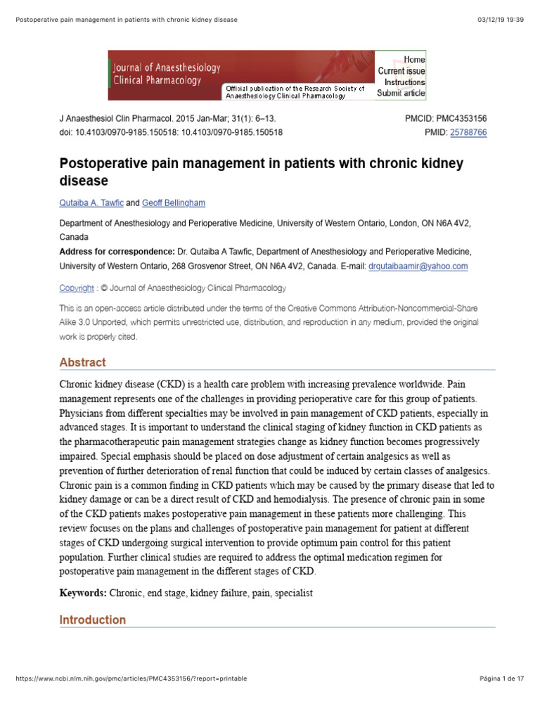 Postoperative Pain Management in Patients With Chronic Kidney Disease ...