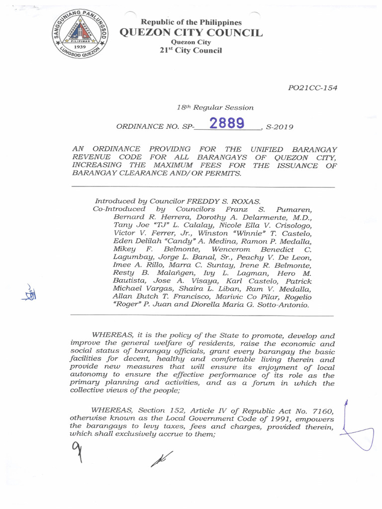 Ordinance No. SP-2889, S-2019 - Barangay Revenue Code - QC | PDF