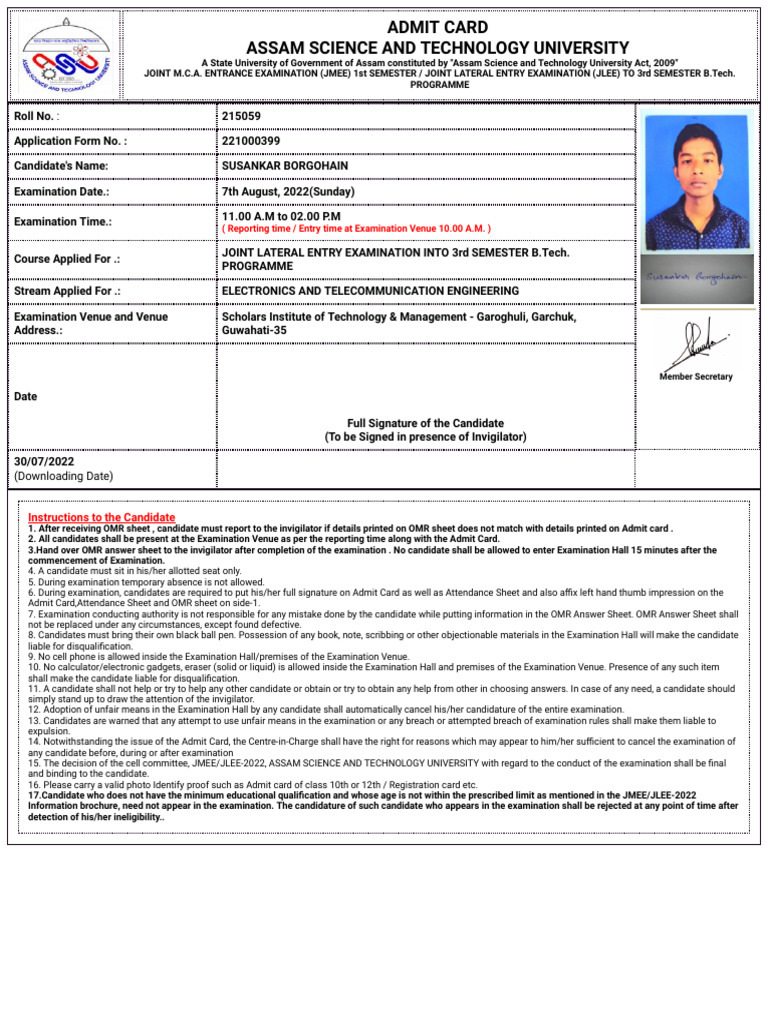 JLEE Admit Card for B.Tech Entrance | PDF