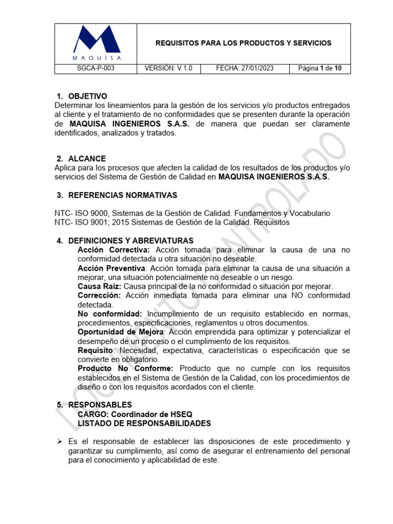 SGCA-P-003 Procedimiento de Requisitos para Los Productos y Servicios | Descargar gratis PDF ...