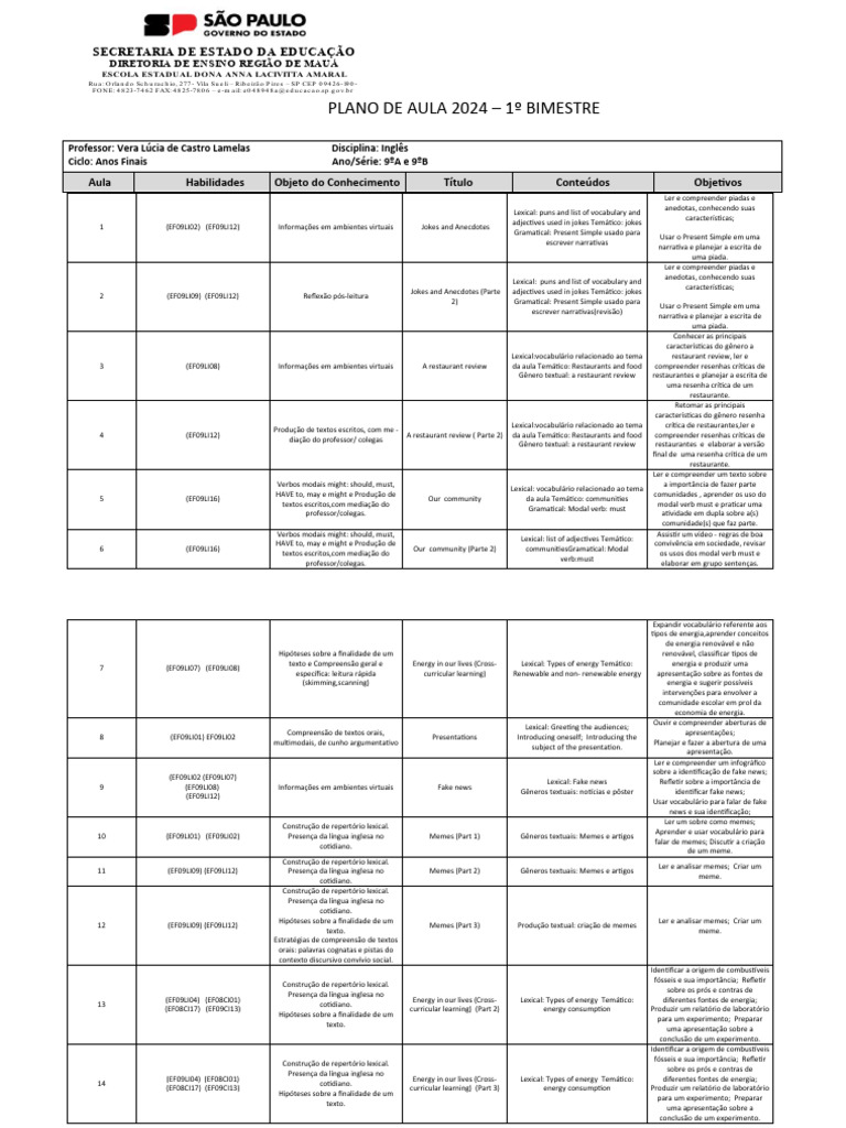 PLANO DE AULA 2024 - 9A e 9B | PDF