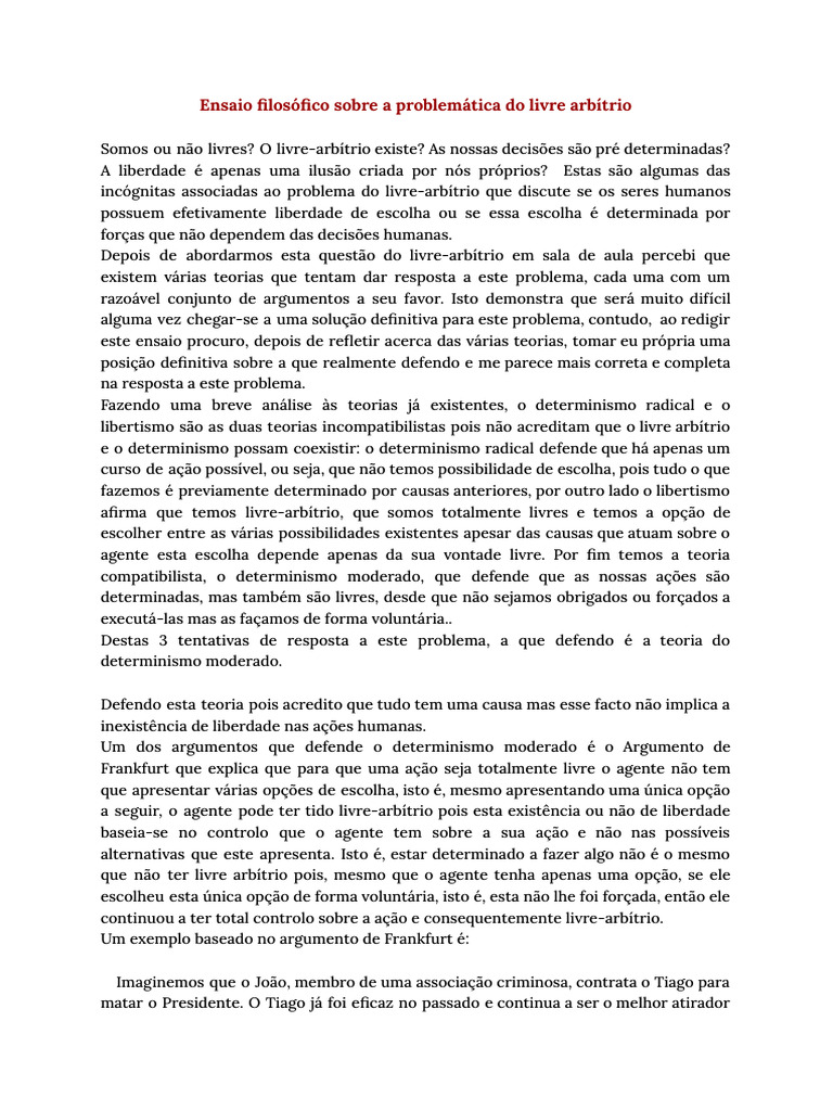 Lara Neves - Texto Argumentativo Sobre A Problemática de Livre Arbítrio ...