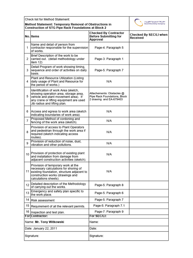 Checklist Method Statement - 30621127 000 4PR 00071 | Download Free PDF ...