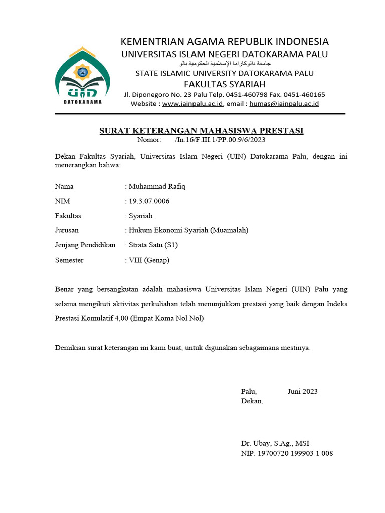 Surat Keterangan Mahasiswa Prestasi | PDF