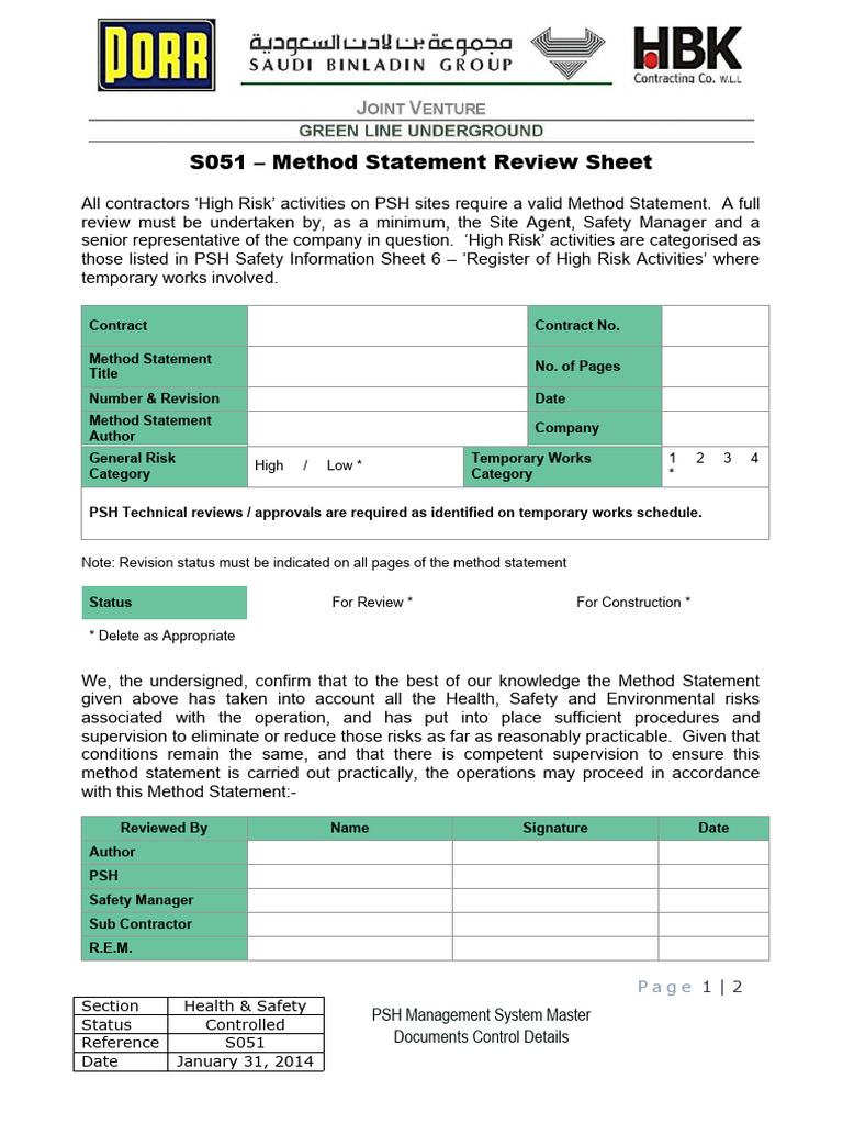 s051 Method Statement Review Sheet | PDF | Occupational Safety And ...