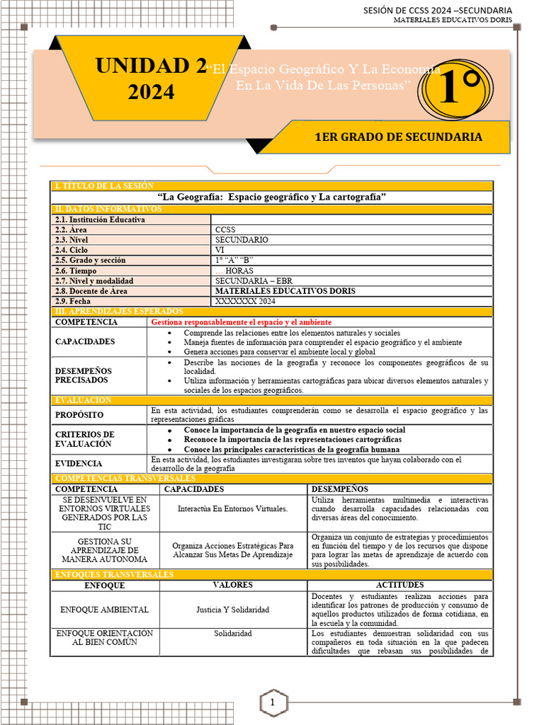 1º Sesiones Sem 1 Uni 2 - Ccss 2024 | Descargar gratis PDF | Enseñando | Aprendizaje