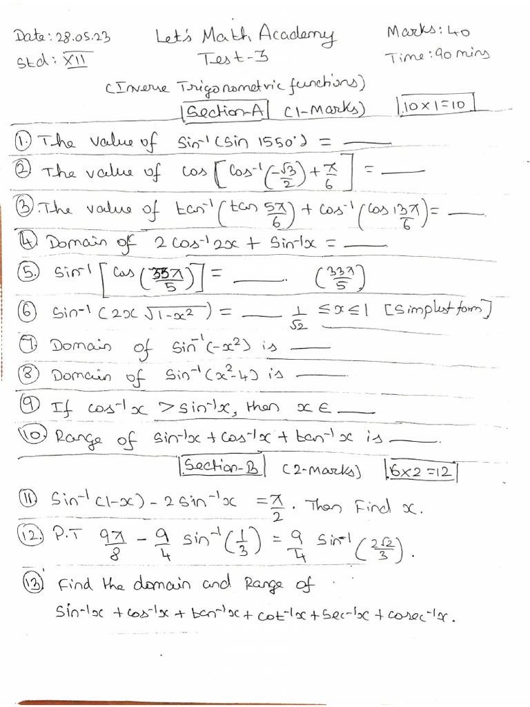 Inverse Trigonometric Functions 2023-24 QN Paper and Solutions | PDF