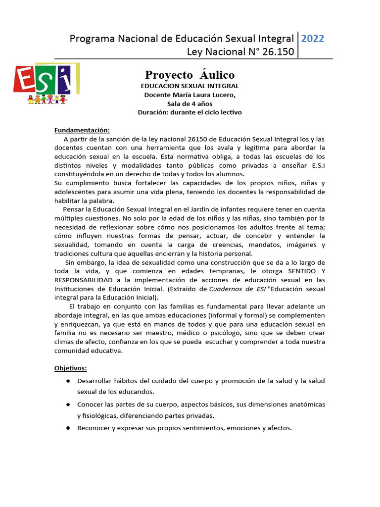 Proyecto Esi Final 2022 | PDF | Educación sexual | Educación de la primera infancia