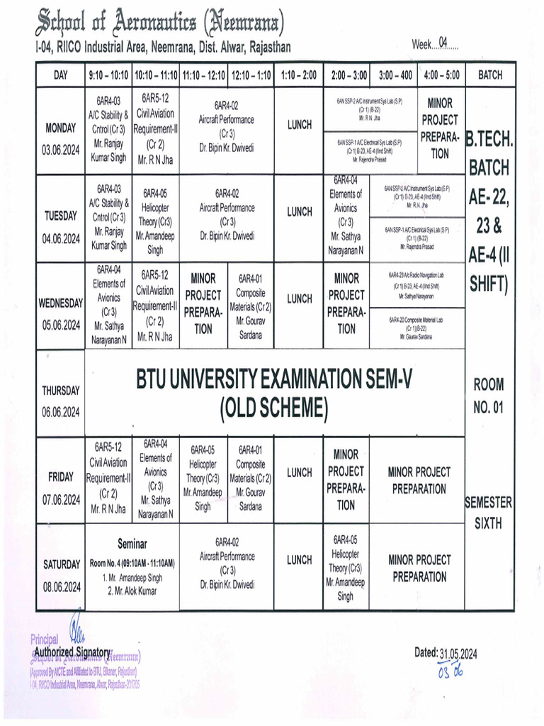 Updated B.Tech Time Table Sem-6 Batch-22, 23 & AE-4 (IInd Shift) | PDF