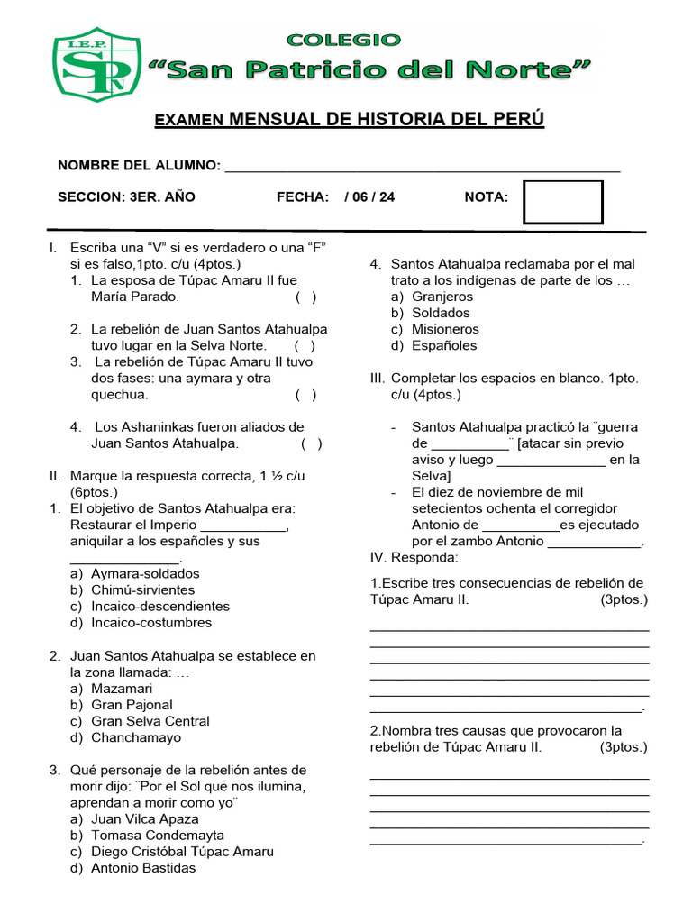Examen Mensual San Patricio 3ro Sec | PDF | Historia