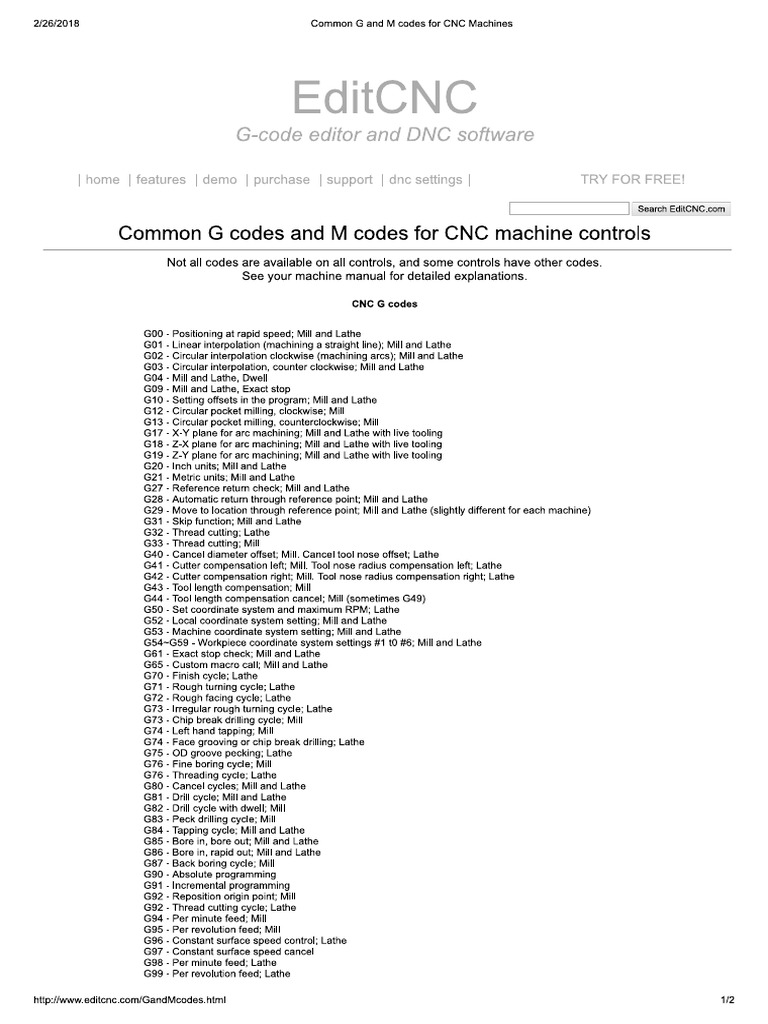 Common G and M Codes For CNC Machines | PDF | Numerical Control