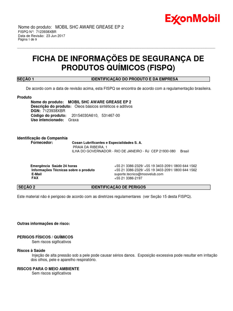 FISPQ Mobil SHC Aware Grease EP 2 | PDF | Primeiros socorros | Exxon Mobil