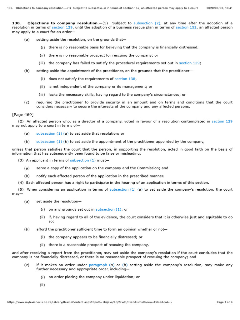 Subsection (2) Section 129 Section 152: 130. Objections To Company ...