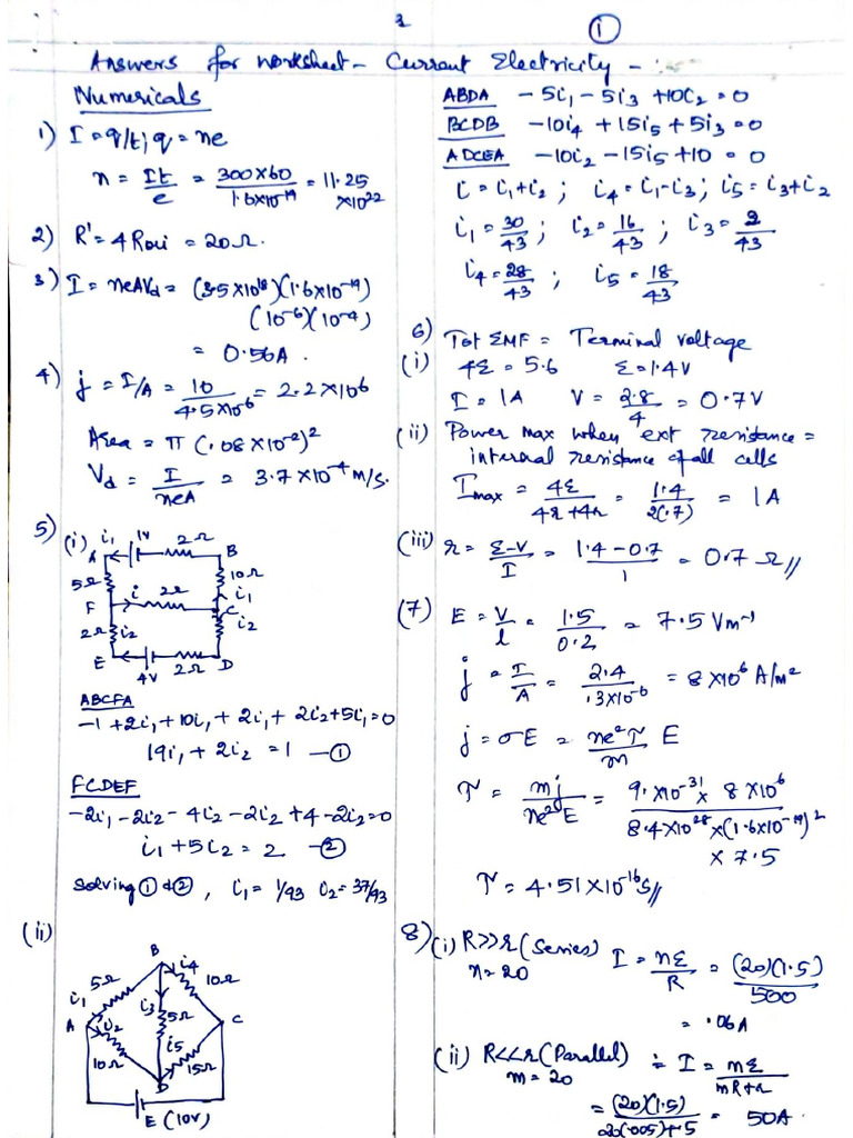Current Electricity Worksheet Answers | PDF