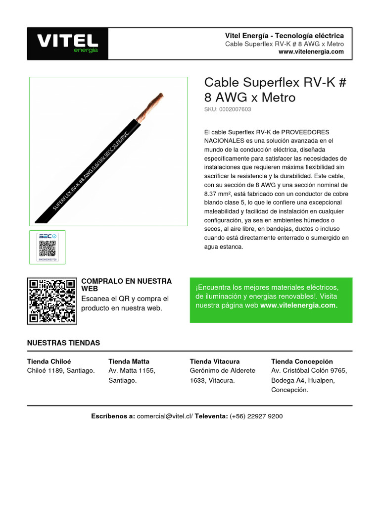 Cable Superflex RV-K # 8 AWG X Metro | PDF | Conductor electrico ...