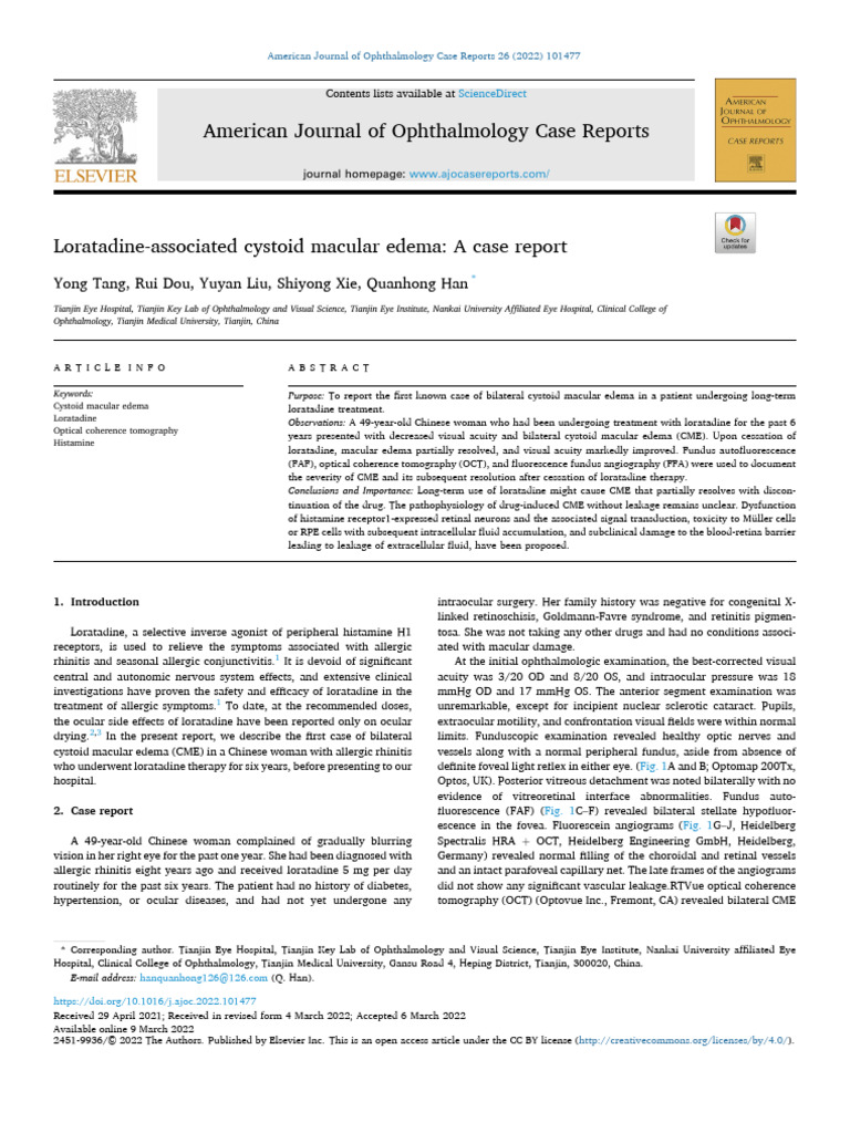 Loratadine-Associated Cystoid Macular Edema - A Case Report | Download Free PDF | Retina ...