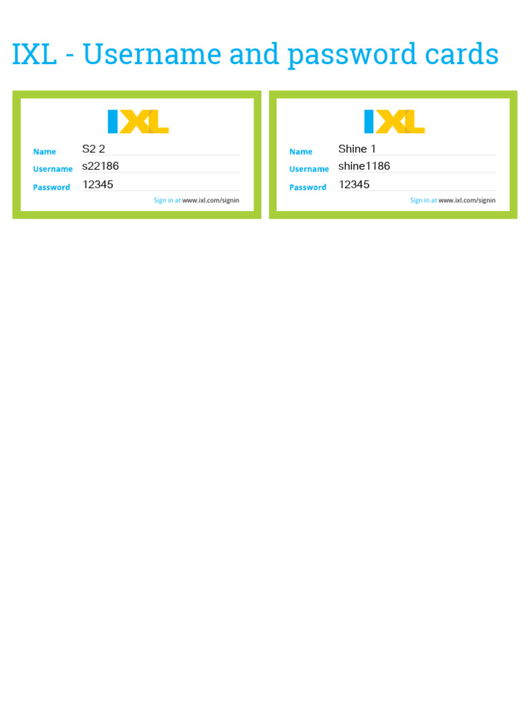 IXL Username and Password Cards | PDF
