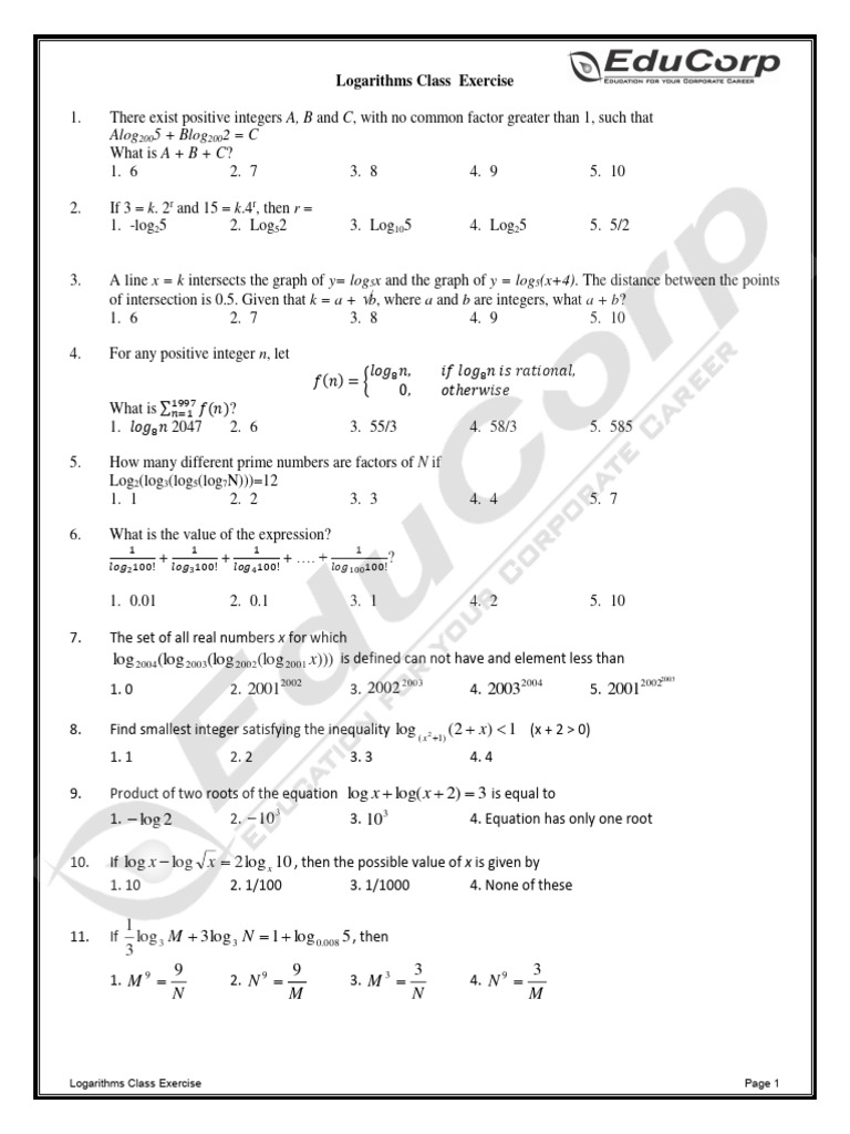 Logarithm Class Ex. | PDF | Logarithm | Mathematics