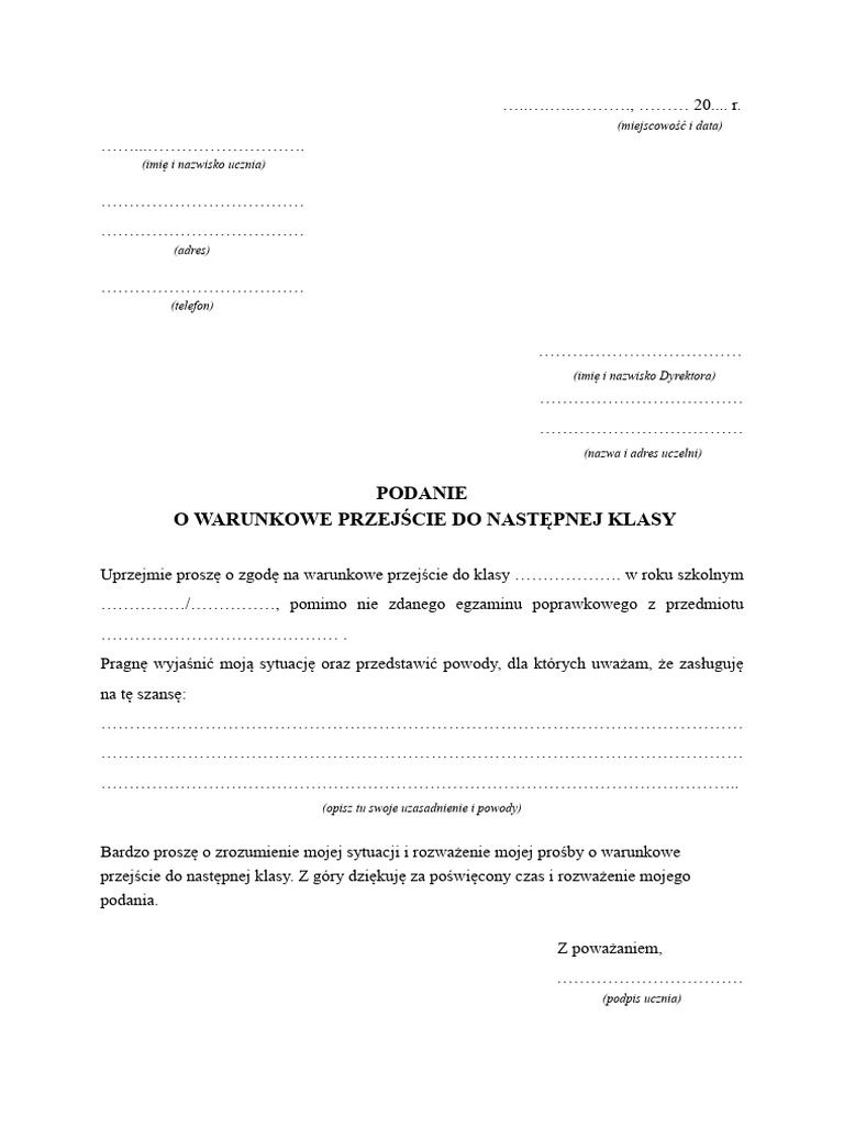Podanie o Warunkowe Przejscie Do Klasy | PDF