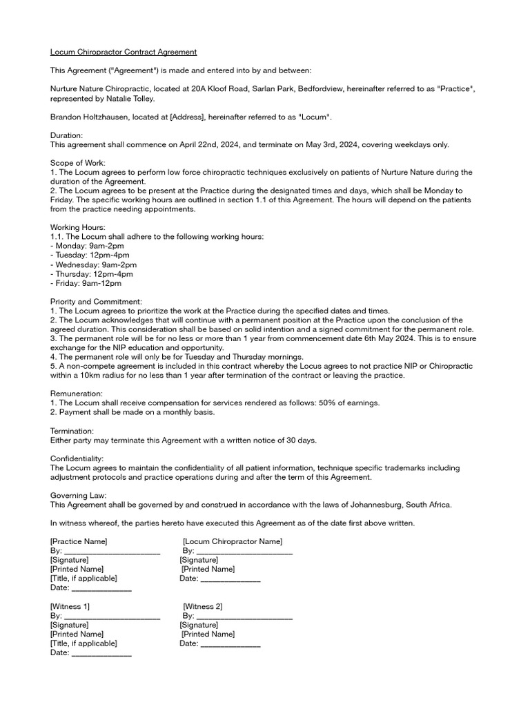 Locum Contract Final | PDF | Chiropractic | Justice