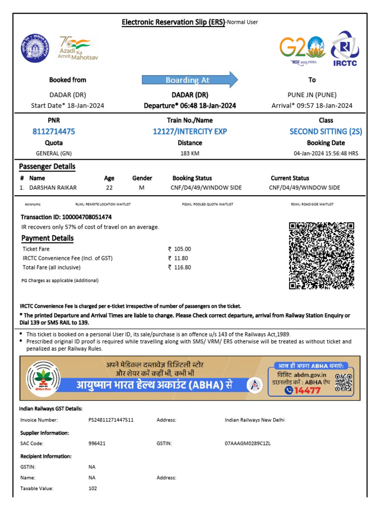 Pune Train Ticket Confirmation | PDF | Identity Document