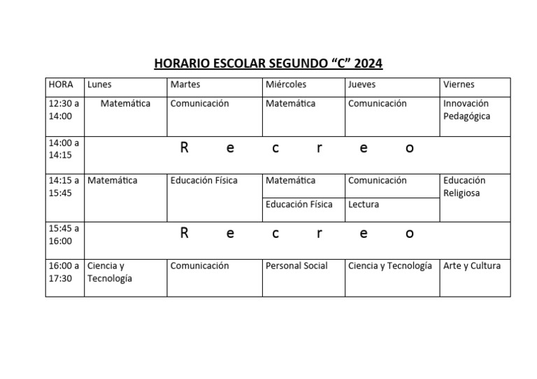 Horario Escolar Segundo "C" 2024 | PDF