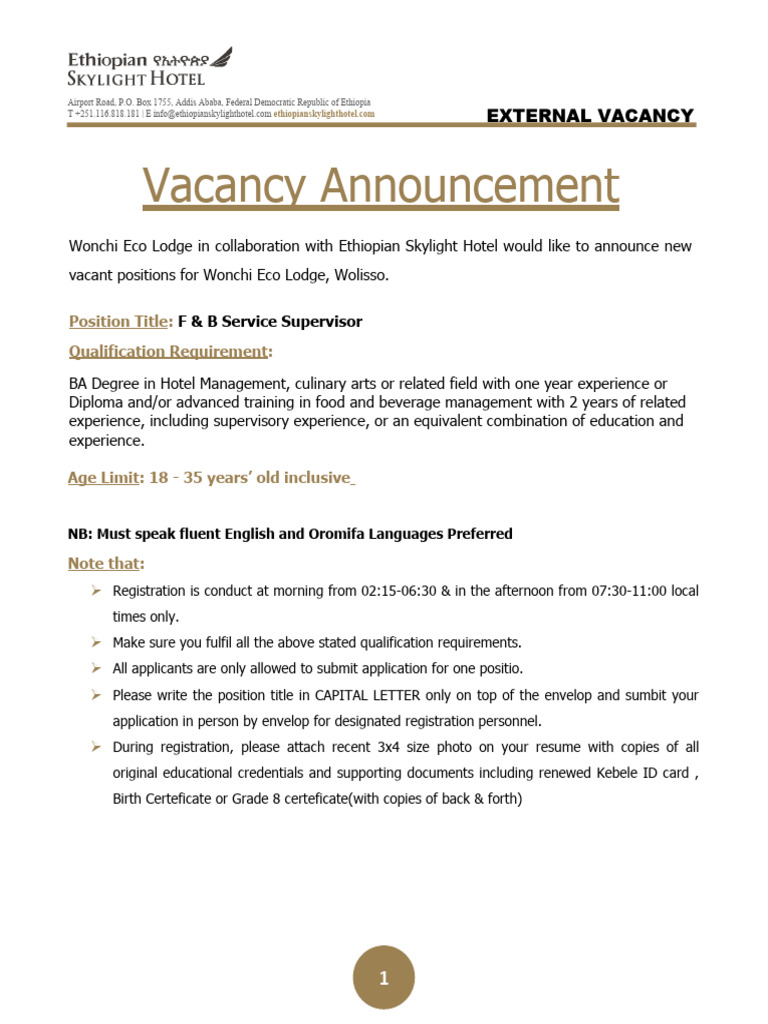 Vacancy Announcement Wonchi Eco Wenchi F & B Service Supervisor | PDF ...