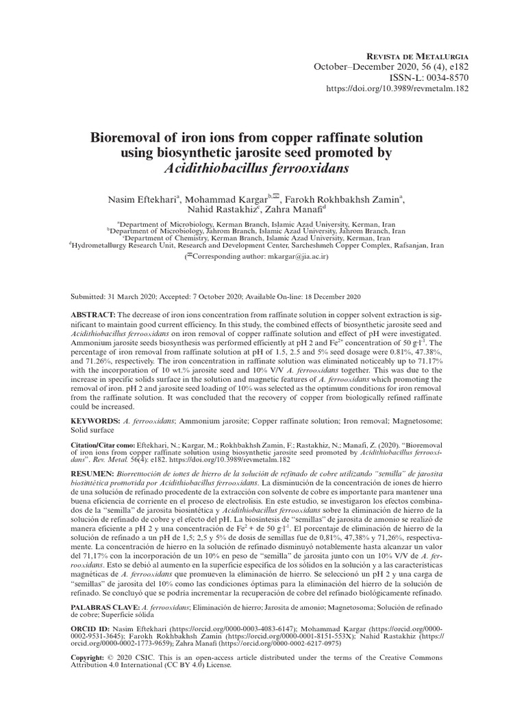 Bioremoval of Iron Ions From Copper Raffinate Solution Using ...
