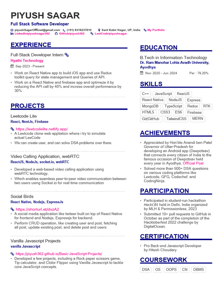 Piyush Sagar Resume UPDATED | PDF | Application Software | Software