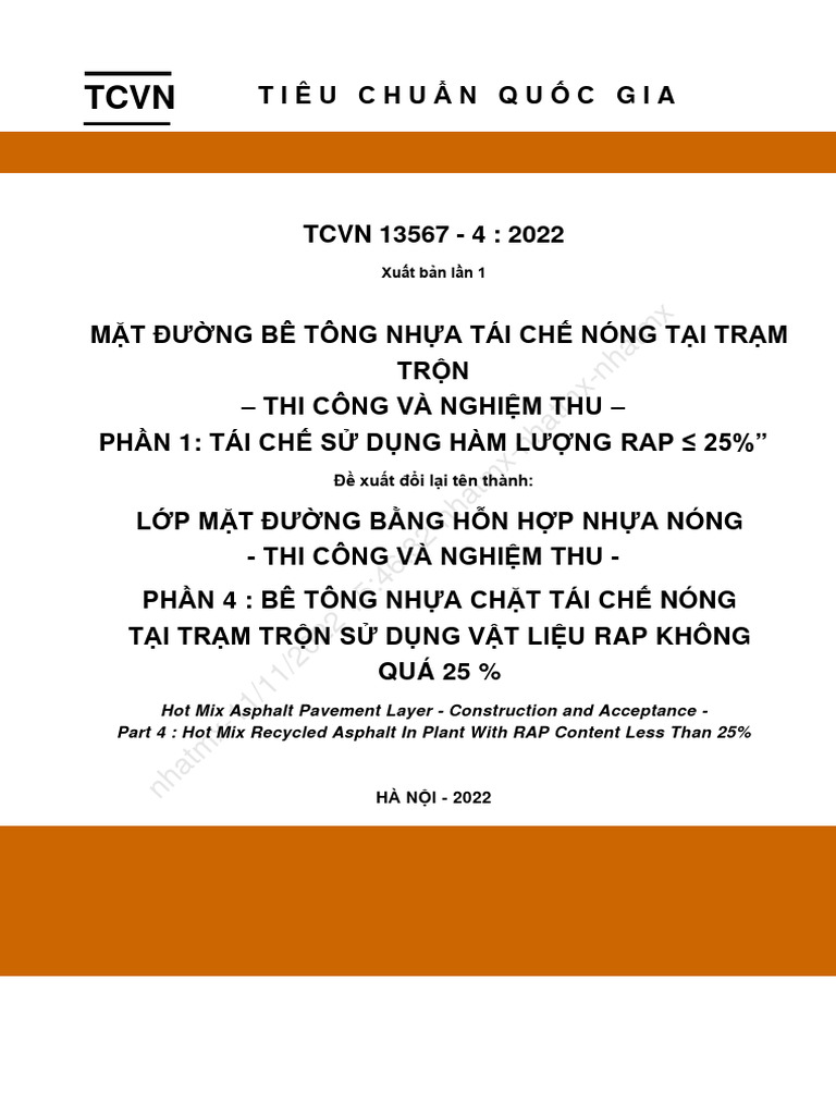 TCVN 13567-4-2022 - Mặt đường BTN tái chế nóng tại trạm-Thi công nghiệm ...