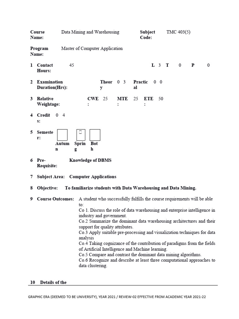TMC 403 (5) Data Mining and Warehousing | PDF | Data Warehouse | Cluster Analysis