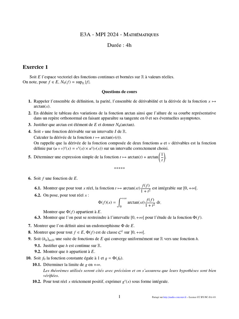 E3A MPI 2024 Maths Sujet | PDF | Fonction (Mathématiques) | Limite (mathématiques)