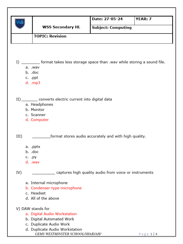 Y7 - Revision Worksheet 2 - Answer Grade 6 | PDF | Podcast | Microphone