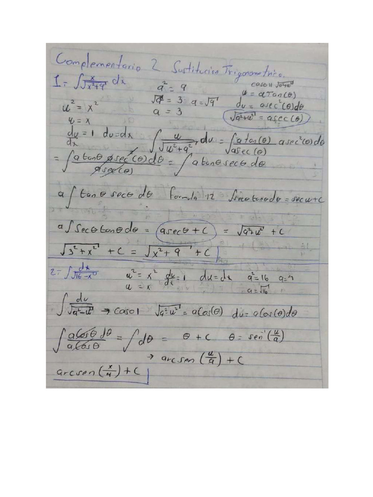 Complementario 2 Integracion Por Sustitucion Trigonometrica | PDF
