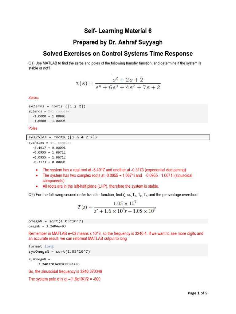 SM6 - Solved MATLAB Exercises On Time Response | PDF | Control Theory | Applied Mathematics